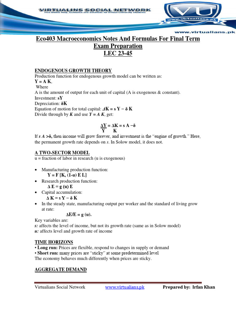 Eco403 Macroeconomics Notes and Formulas For Final Term Exam ...