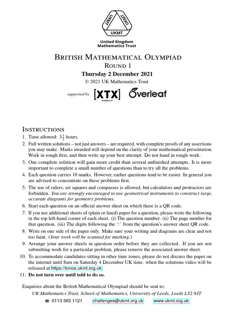BMO1 2021 Paper | PDF | Mathematics