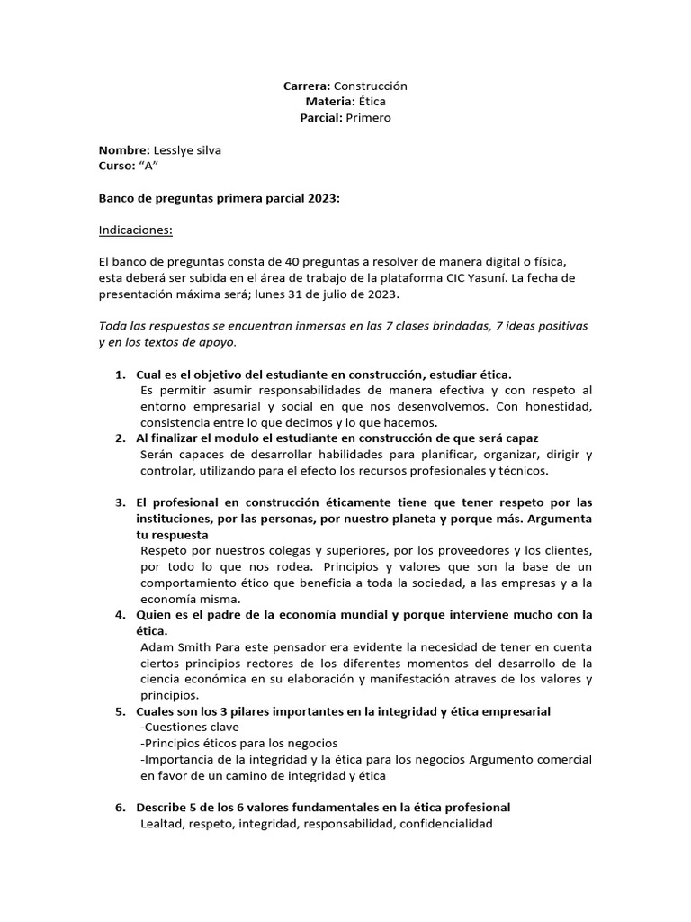 Banco de Preguntas Etica Lesslye Silva | PDF | Liderazgo | Iniciativa ...