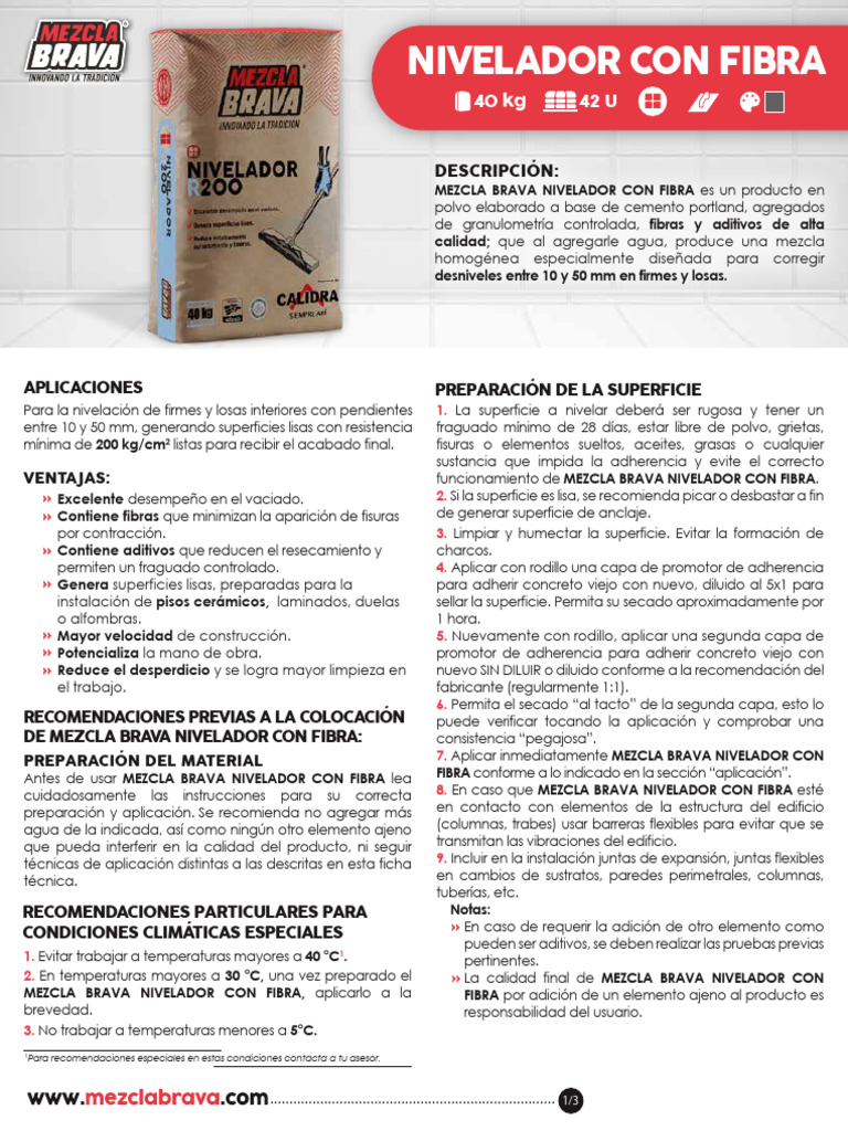 Ficha Tecnica Nivelador R200 Con FIBRA | PDF | Hormigón | Materiales