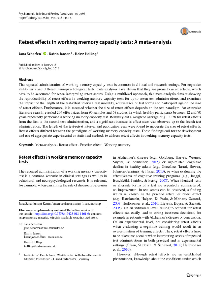 Retest Effects in Working Memory Capacity Tests: A Meta-Analysis | PDF ...