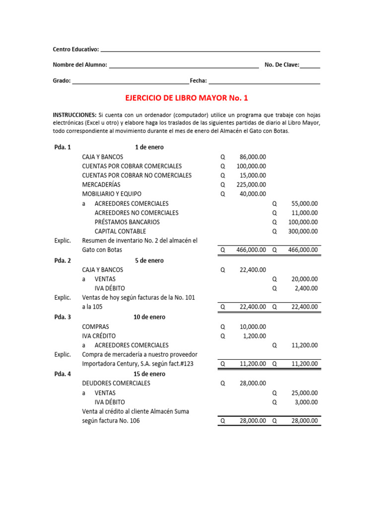 Ejercicio de Libro Mayor No.1 | PDF | Bancos | Economía Financiera