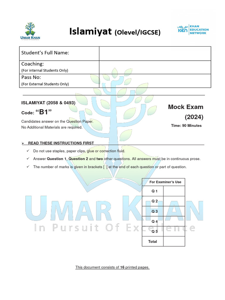 Mock Exam Paper 1 (B1) | PDF | Muhammad | Abrahamic Religions