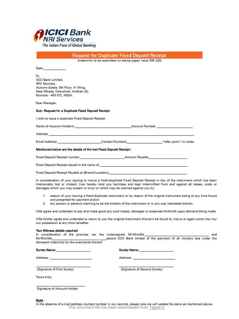 Request For Duplicate Fixed Deposit Receipt | PDF | Indemnity ...