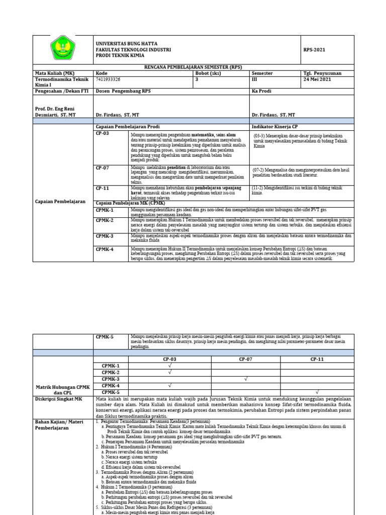 RPS Termodinamika Teknik Kimia I | PDF | Sains & Matematika | Komputer