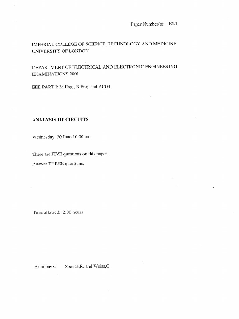 Ee1 01 Analysis Of Circuits 2001 Pdf