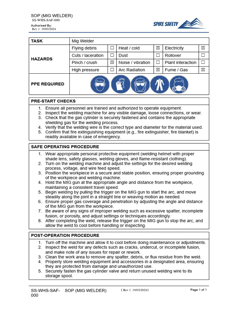 SS WHS SAF 000 Safe Operating Procedure Mig Welder | PDF | Welding ...