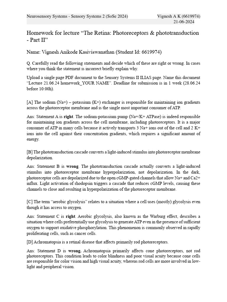 Lecture 21.06.24 Homework - Vignesh Anikode Kasiviswanathan | PDF | Visual System | Cell Biology