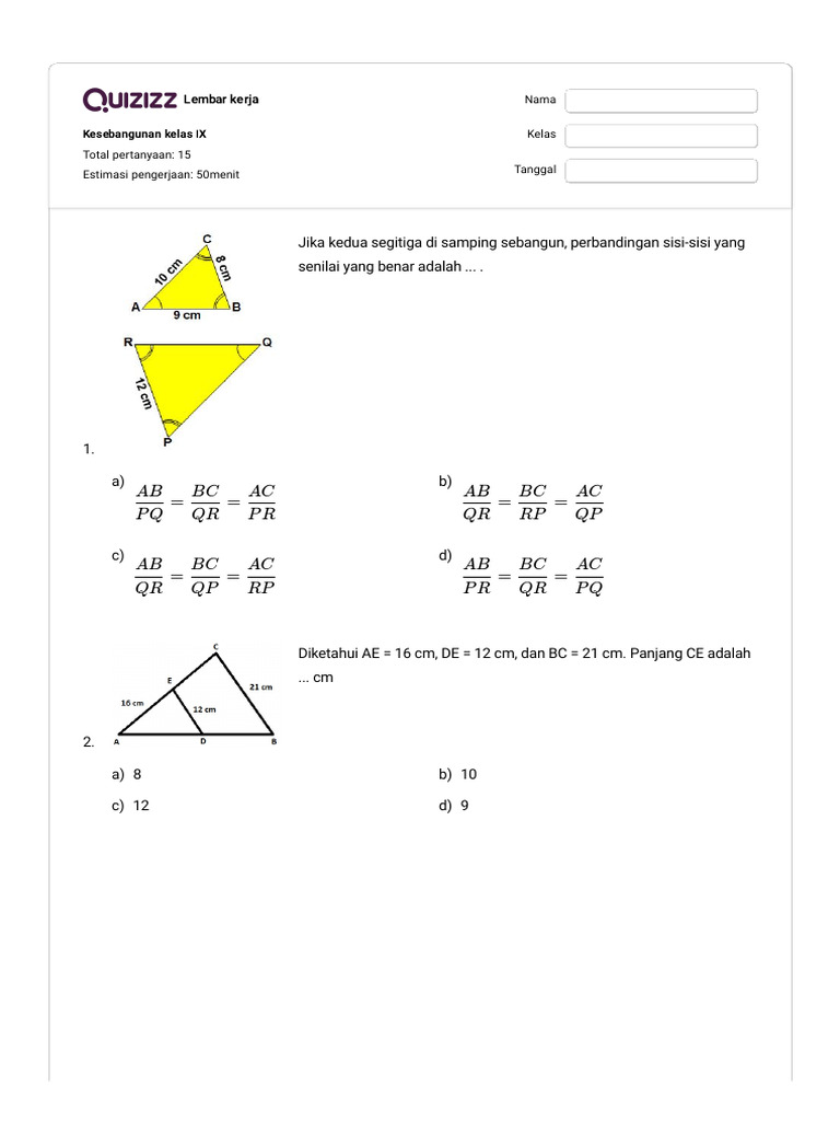 Kesebangunan Kelas IX - Quizizz | PDF