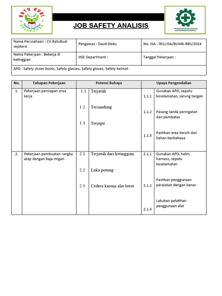 Form JSA CV - Bekerja Di Ketinggian | PDF