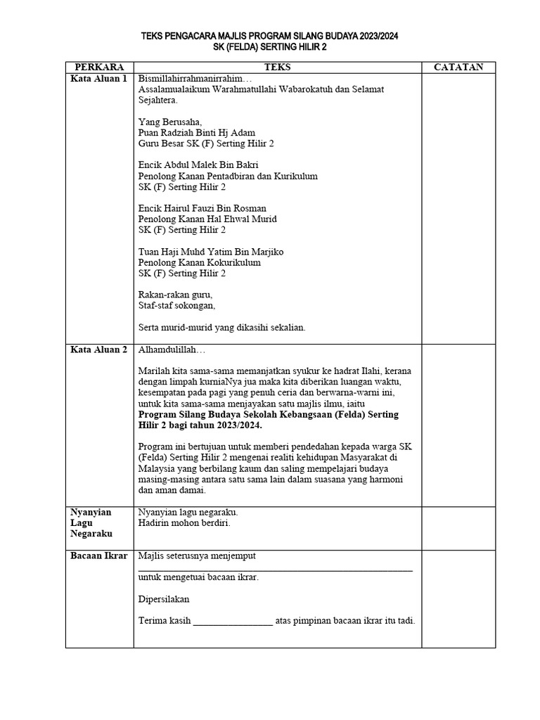 Teks Pengacara Majlis Program Silang Budaya | PDF