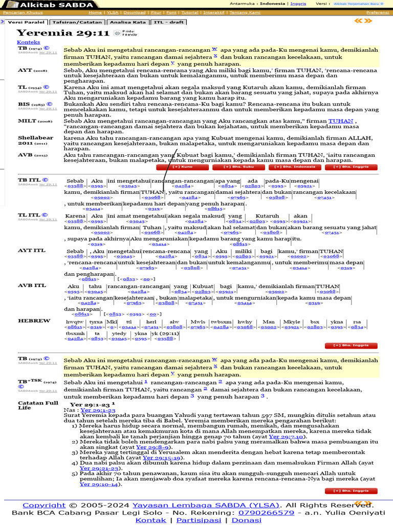 Yeremia 2911 (Versi Paralel) - Tampilan Ayat - Alkitab SABDA | PDF