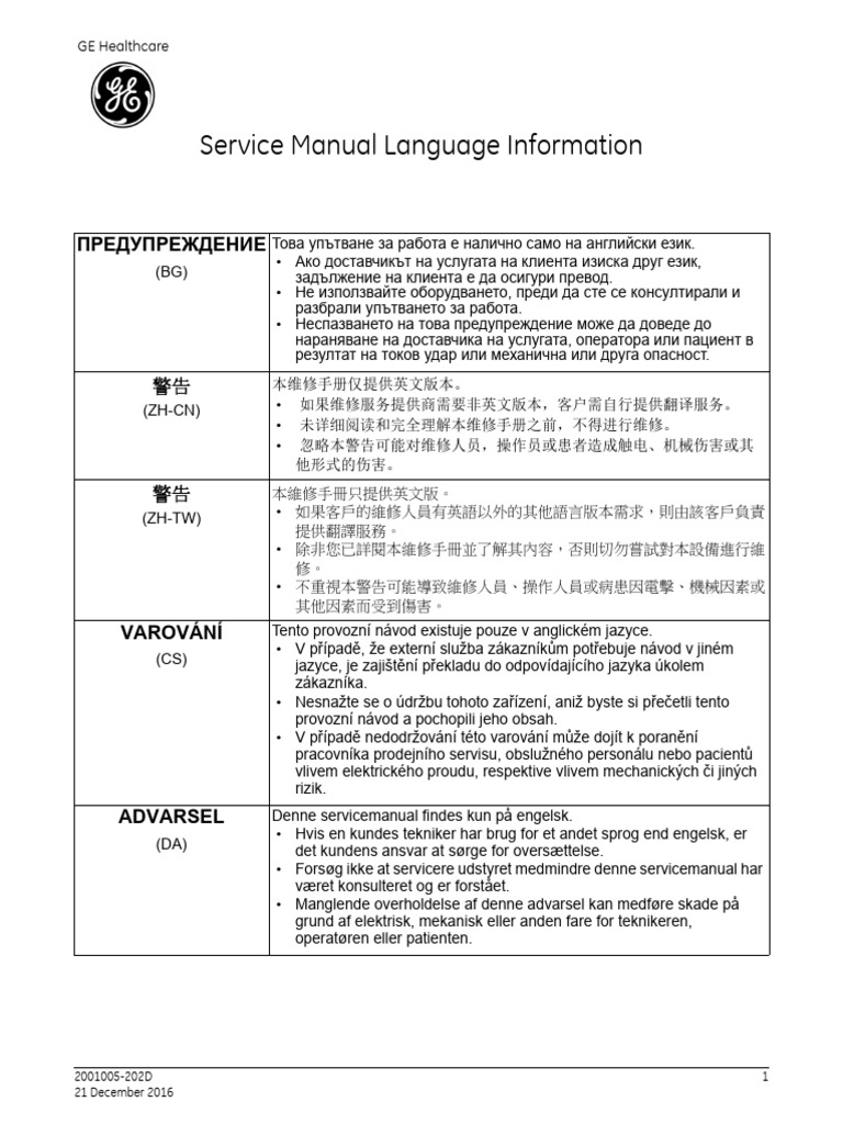 Service Manual Language Information: 2001005-202D 1 21 December 2016 | PDF