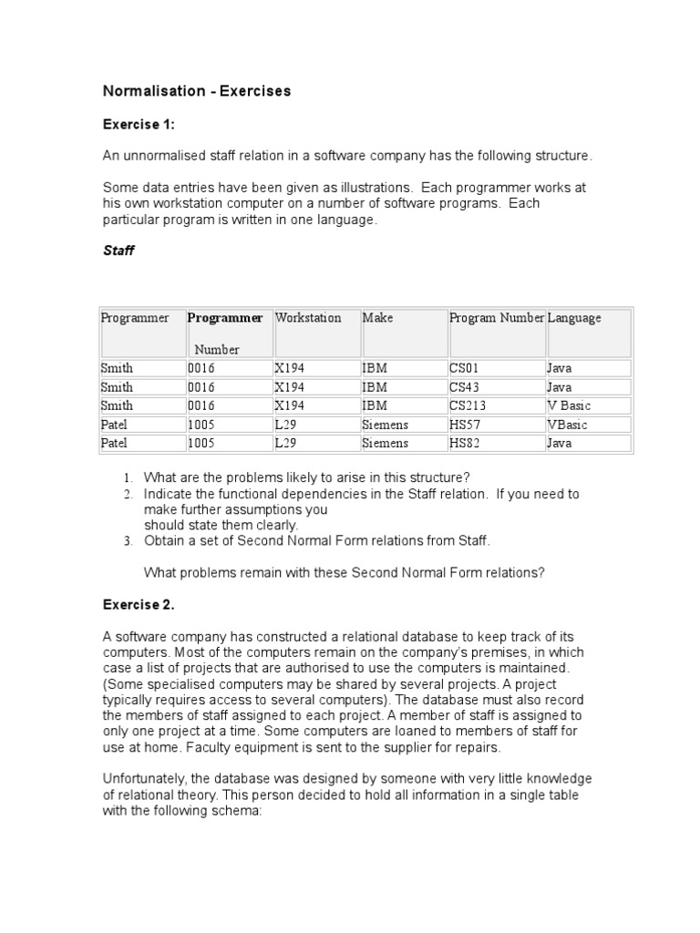 Normalisation Exercises | PDF | Programmer | Databases