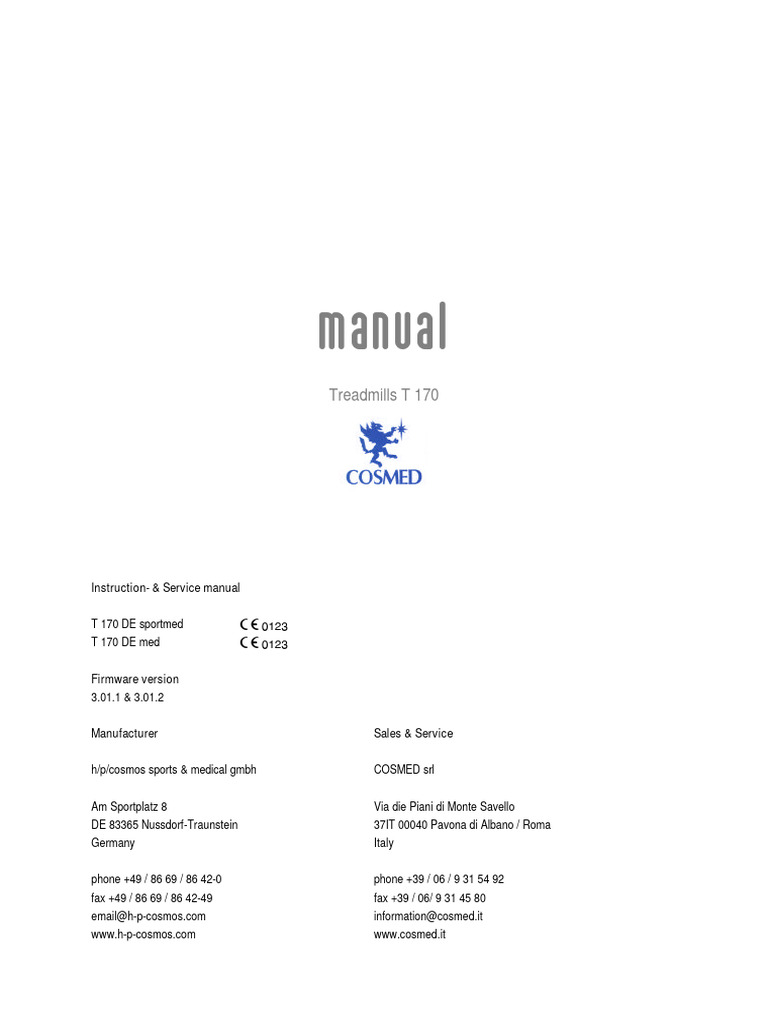 Cosmed - Cinta Treadmill T 170 Series Manual Servicio | PDF | Fuse (Electrical) | Power Supply