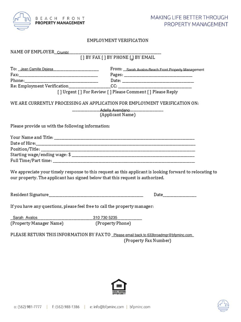 Employment Verification Form | PDF