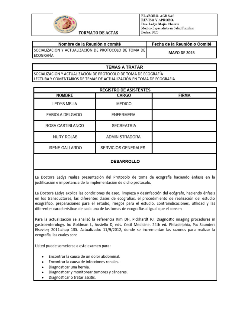 Acta - Dra.ledys - Ecografia 2023 Mayo | PDF | Ultrasonido médico ...