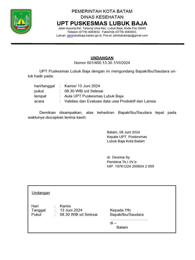 UNDANGAN Validasi Dan Evaluasi Data Usia Produktif Dan Lansia Juni 2024 | PDF