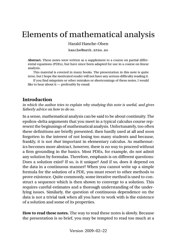 Elements of Mathematical Analysis Author Harald Hanche-Olsen | PDF ...