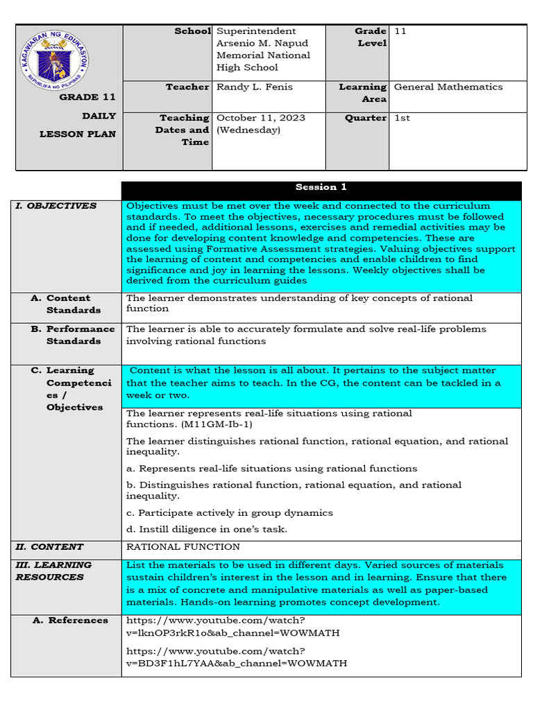 1ST Lesson Plan | PDF | Polynomial | Learning