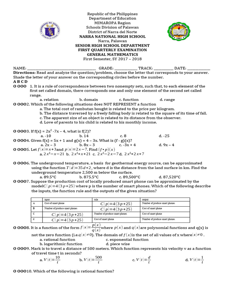 First Periodical Test Gen Math Final | PDF | Function (Mathematics ...