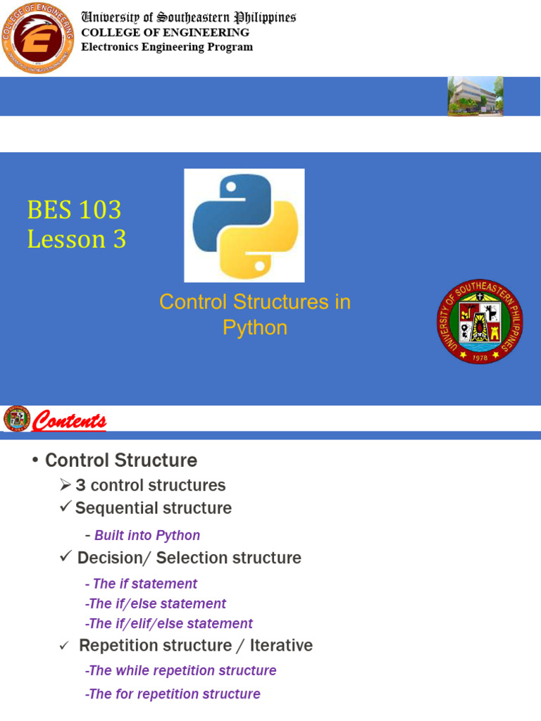BES103 Lesson4 PythonControlStructures | PDF | Software Development | Computer Engineering