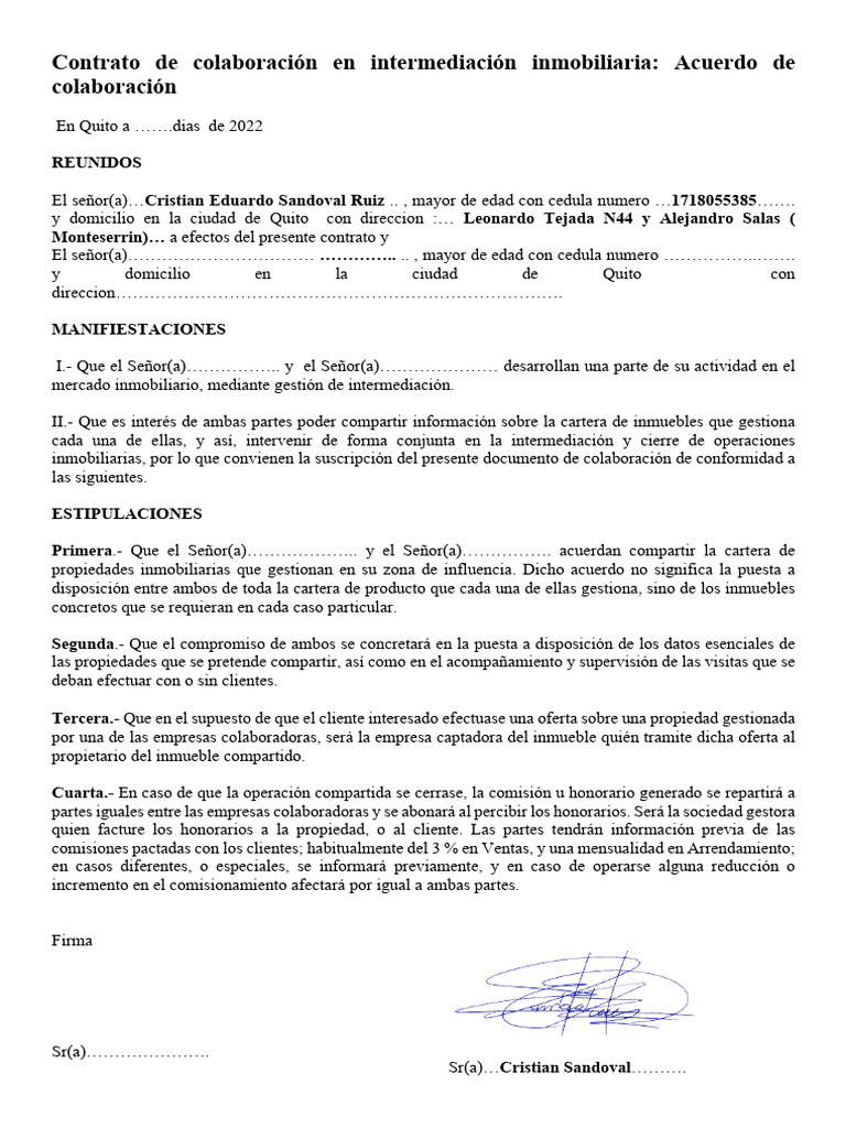 Contrato de Colaboración en Intermediación Inmobiliaria | PDF ...