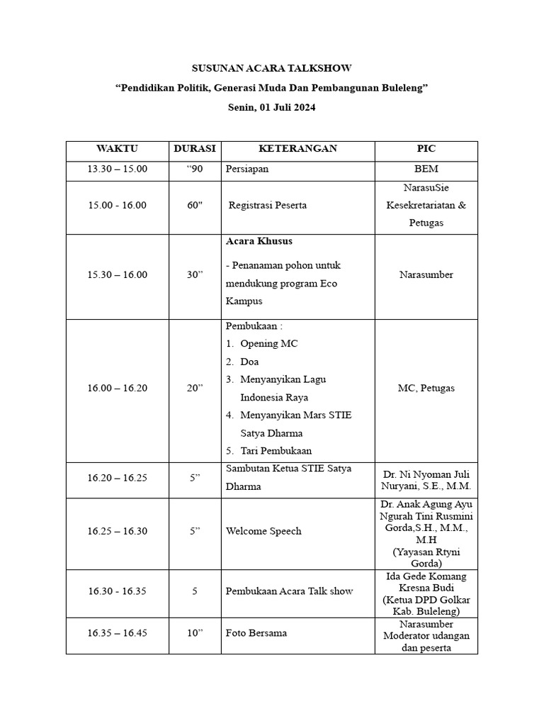 R6 Susunan Acara Talkshow 1 Juli | PDF