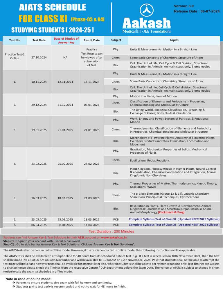 AIATS Schedule For Class XI Studying (2024-25) - Phase-03 & 04 Version 3.0 | PDF | Chemistry ...