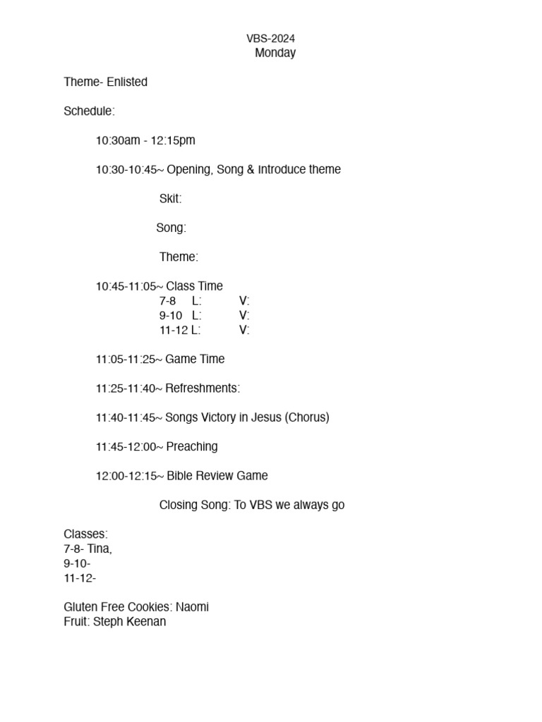 2024 VBS Schedule | PDF