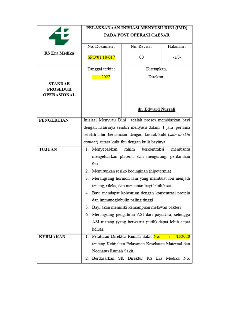 IMD Pasca Operasi Caesar di RS Era Medika | PDF