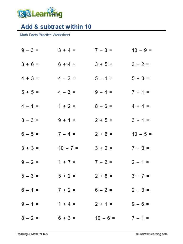 Addition Subtraction Facts Within 10 Horizontal F | PDF | Computers