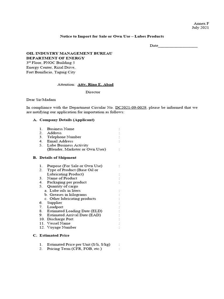 Annex F - Notice To Import For Sale or Own Use - Lubes Products | PDF