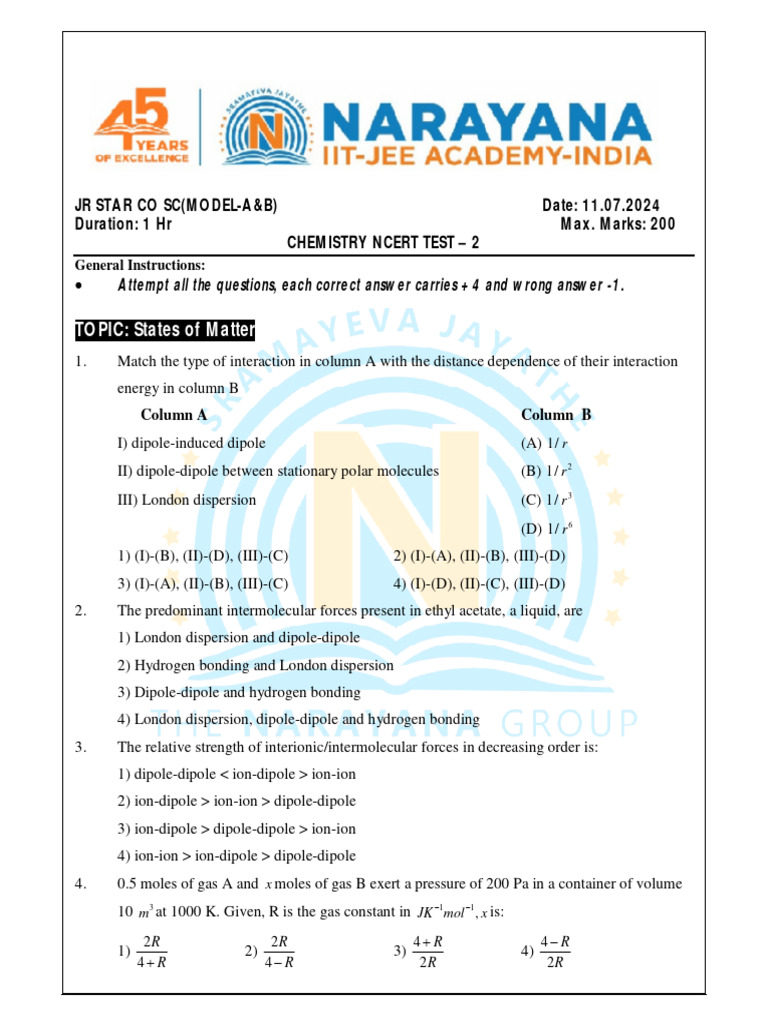 11-07-2024 - JR Iit Star Model (A&b) Chemistry - Ncert Test-2 - QP ...