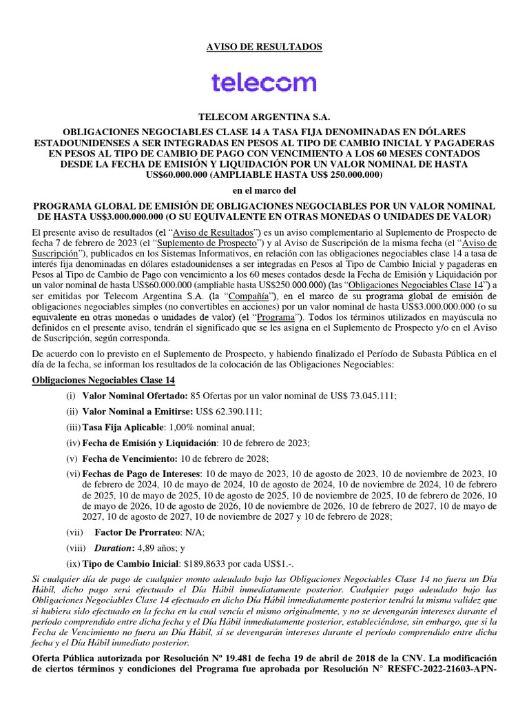 .TELECOM ARGENTINA S. A.Aviso de Resultado de Colocación | PDF | Dólar ... .TELECOM ARGENTINA S. A.Aviso de Resultado de Colocación | PDF | Dólar ...