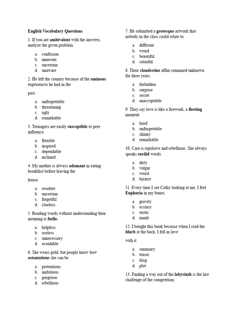 English Vocabulary Questions | PDF
