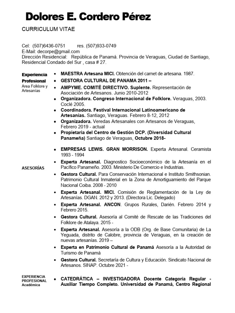 CV de Dolores Cordero Pérez | PDF | Panamá | Universidad