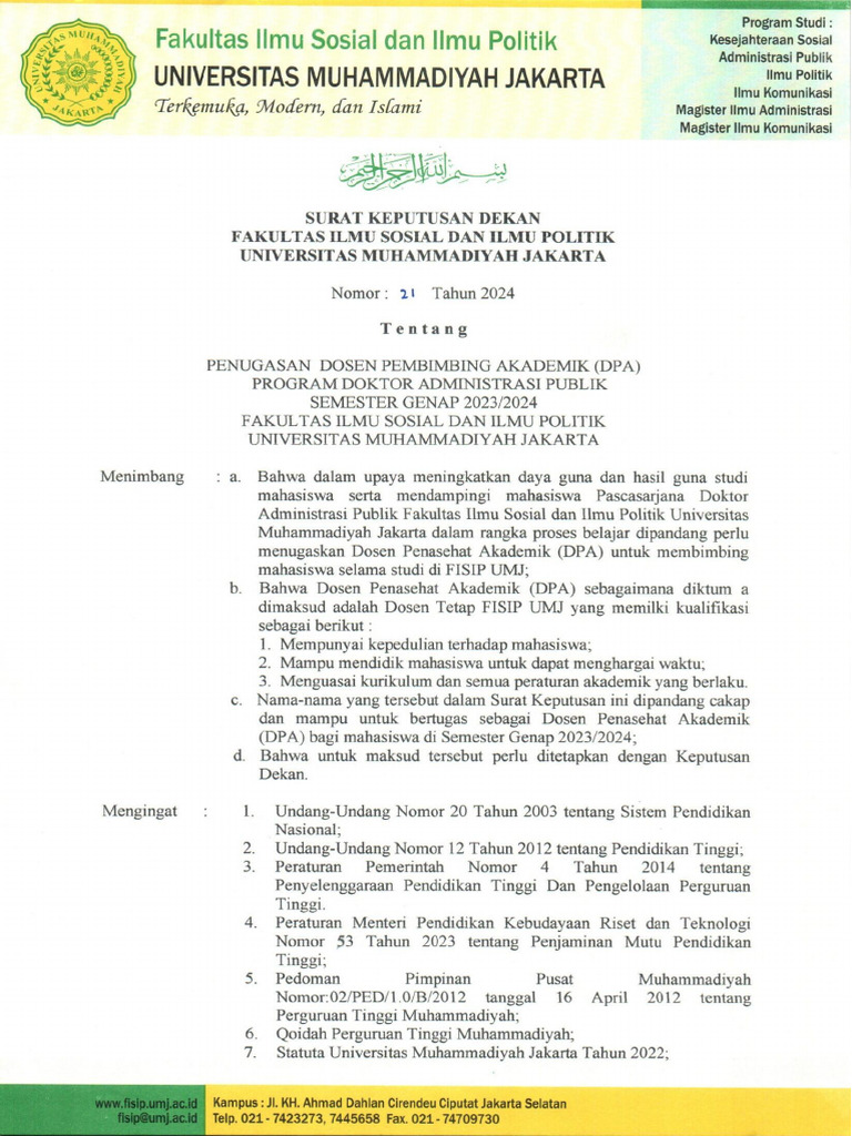 SK Dekan 21 Tahun 2024 Tentang Penugasan DPA Program Doktor GENAP 23-24 | PDF