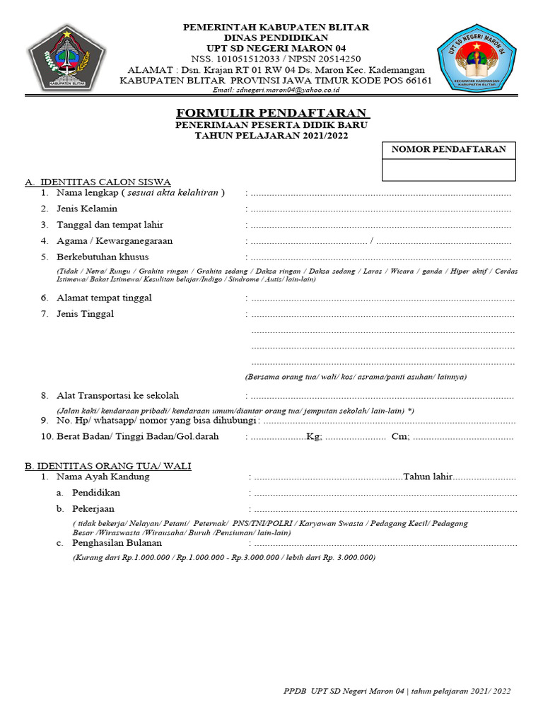 Formulir PPDB SD Maron 04 2021/2022 | PDF