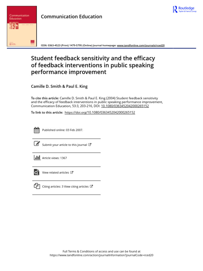 Student Feedback Sensitivity and The Efficacy of Feedback Interventions in Public Speaking ...