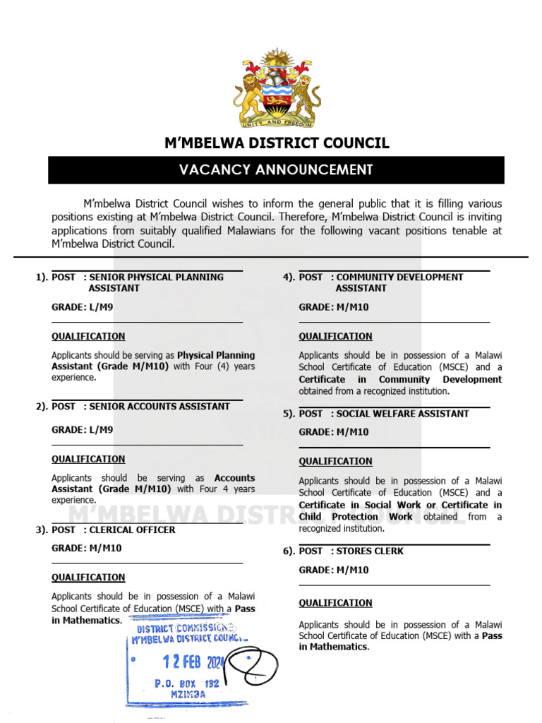 M’mbelwa District Council Job Vacancies | PDF