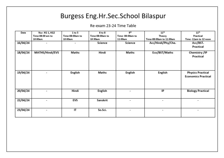 Re-Exam Time Table | PDF | Science & Mathematics