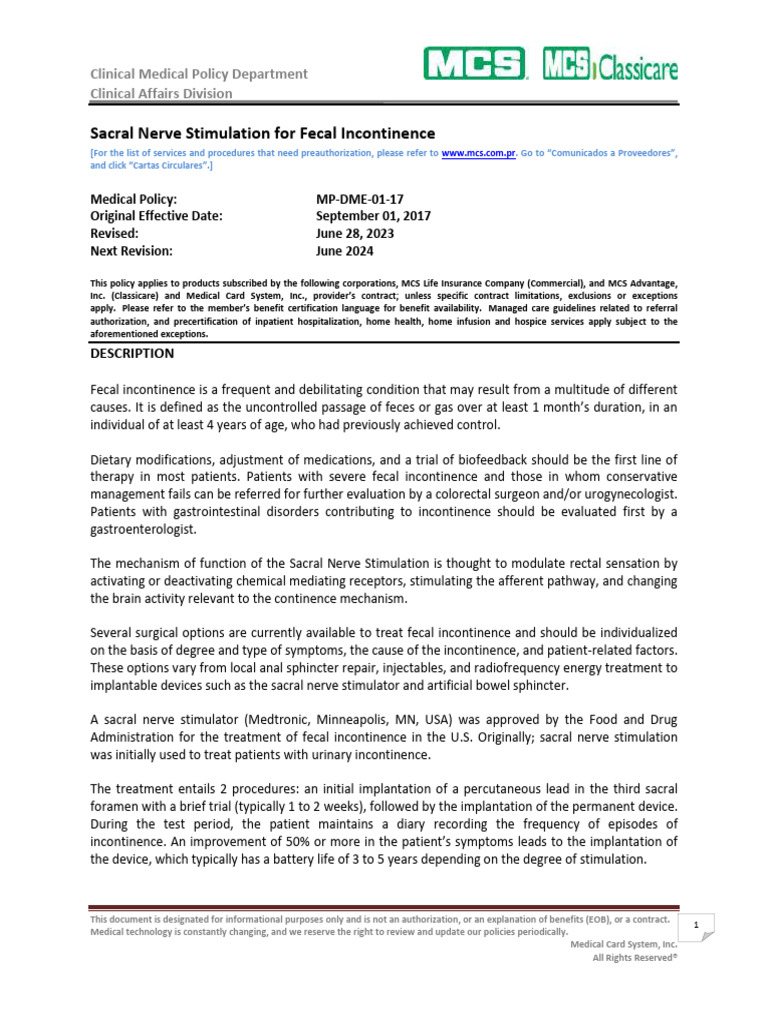 Sacral Nerve Stimulation For Fecal Incontinence | PDF | Medical ...