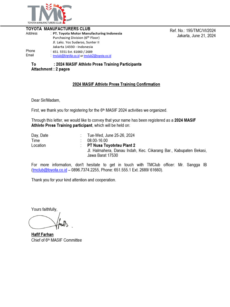 2024 MASIF Athlete Press Training Confirmation | PDF | Toyota