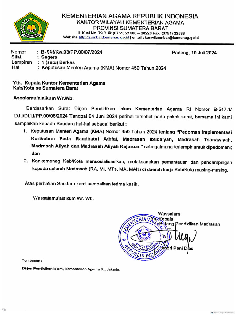 Surat Pengantar Dan KMA 450 Tahun 2024 Pedoman Implementasi Kurikulum PD RA MI MTs MA Dan MAK | PDF
