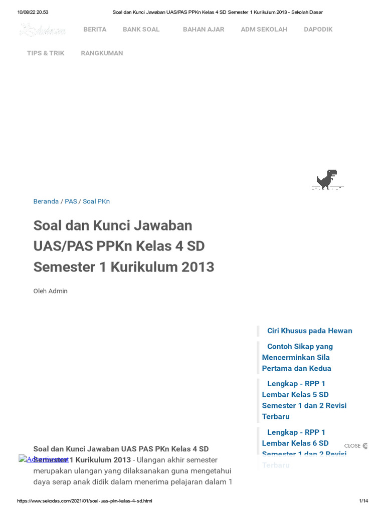Soal Dan Kunci Jawaban UAS - PAS PPKN Kelas 4 SD Semester 1 Kurikulum 2013 - Sekolah Dasar | PDF