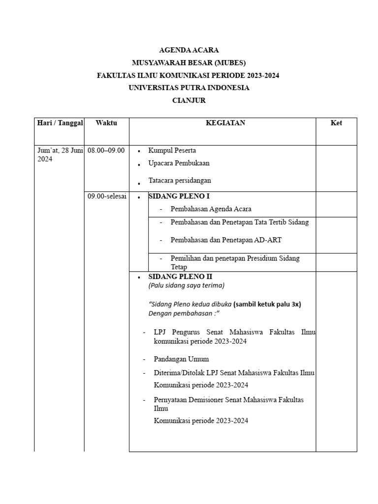 Agenda Acara Mubes Rincian Lengkap | PDF
