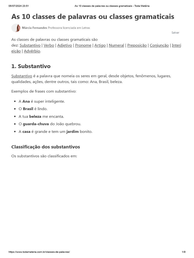 As 10 Classes de Palavras Ou Classes Gramaticais - Toda Matéria | PDF ...
