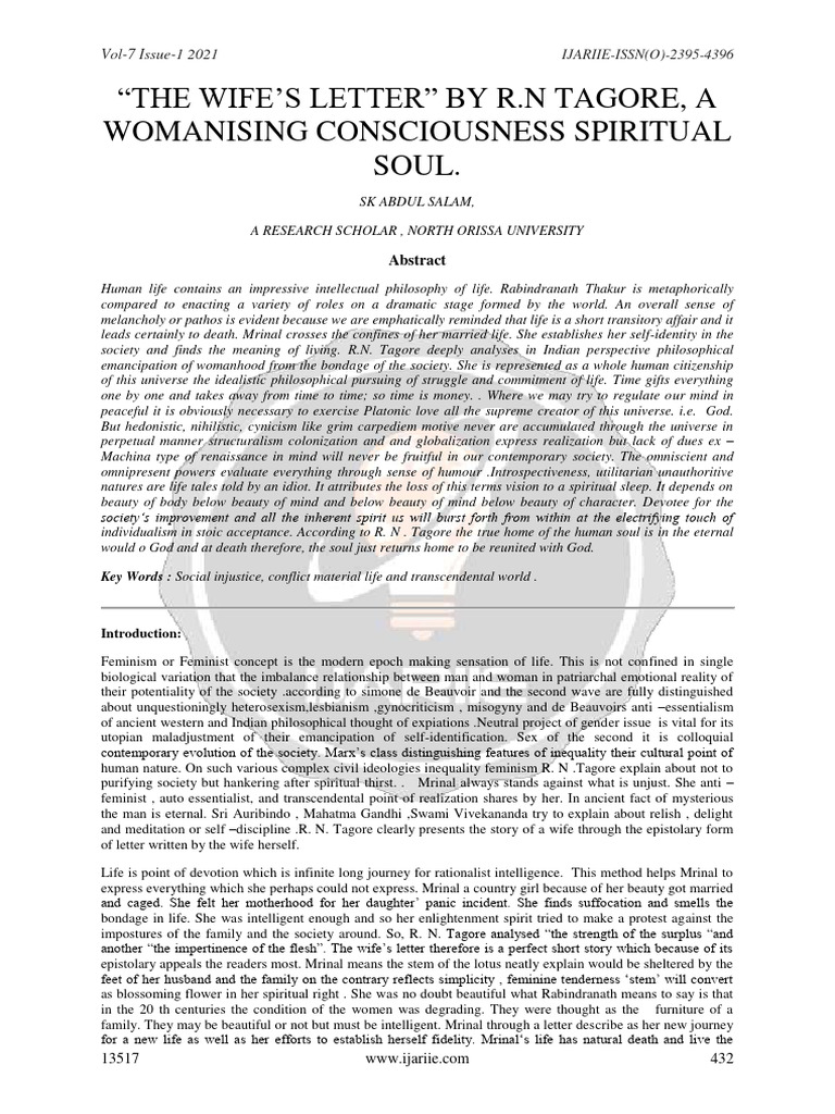 Tagore's "The Wife's Letter": Feminist Insights | PDF | Feminism ...