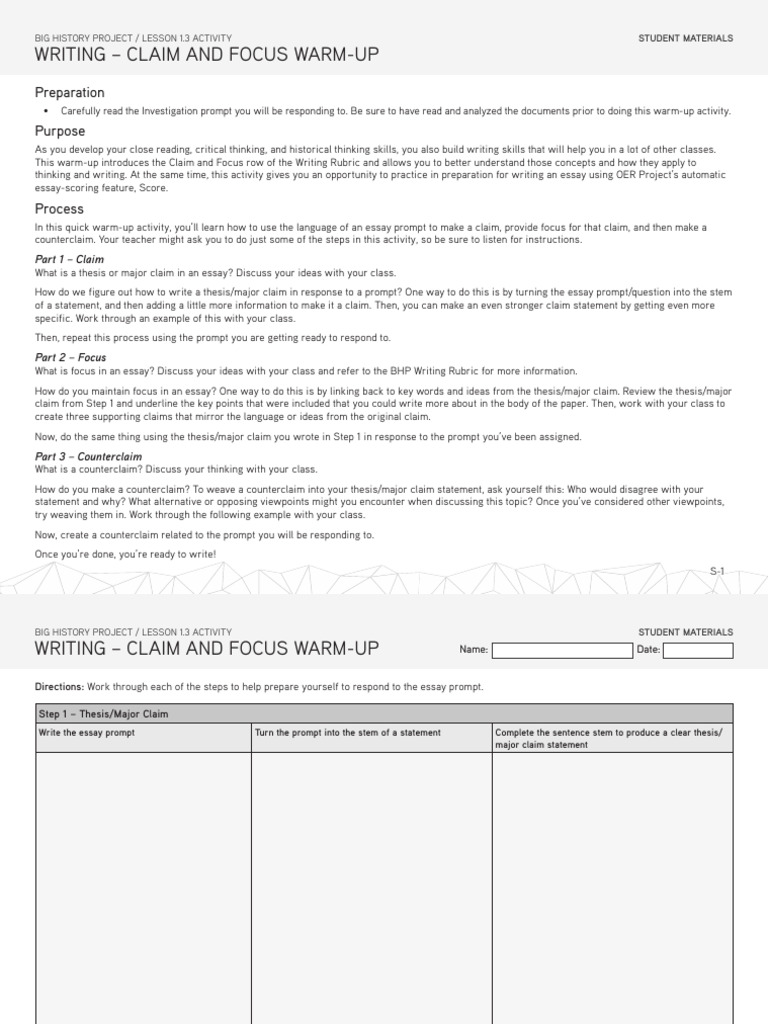 BHP 1-3-8 Activity - Claim and Focus Warmup Student | PDF | Essays | Concept